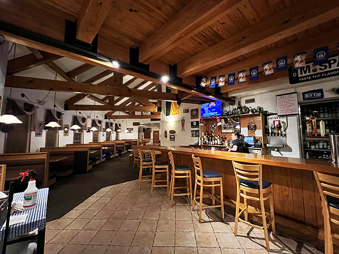 Exposed wooden beams, rustic charm, and a bar that beckons. This isn't just a restaurant—it's a one-way ticket to Germany without the jet lag.