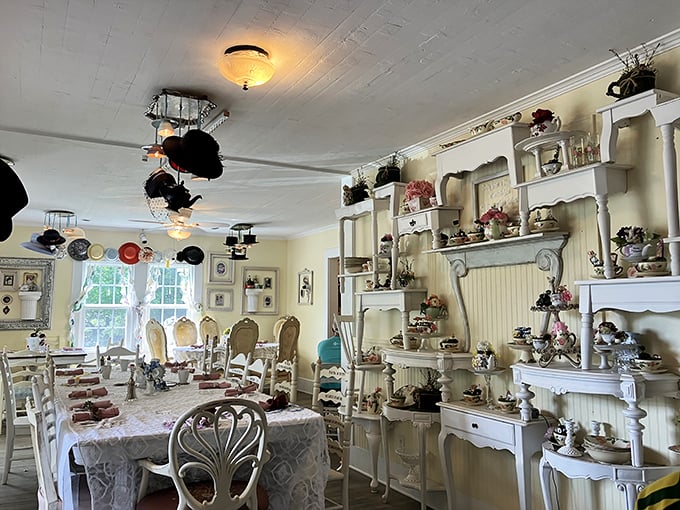 Teapots suspended from the ceiling, vintage hats adorning walls&mdash;this isn't just d&eacute;cor, it's a full-immersion journey down the rabbit hole.