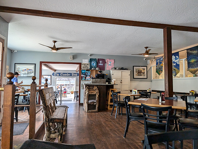 Inside, weathered wood and maritime charm create the perfect setting for savoring ocean treasures while debating which beach to explore next.
