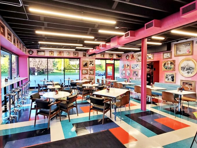 Playful pink columns and a kaleidoscope floor create the perfect backdrop for morning revelations. This isn't your grandma's breakfast joint—unless your grandma was incredibly hip.