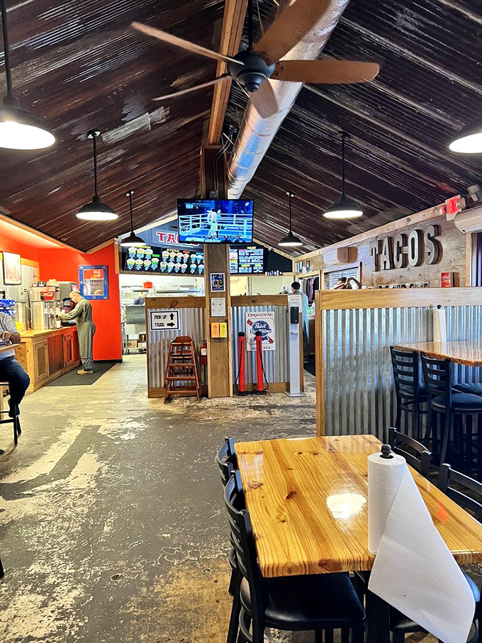 Rustic wooden beams, corrugated metal, and that giant "TACOS" sign &ndash; subtle hints that you're about to experience something far from ordinary.