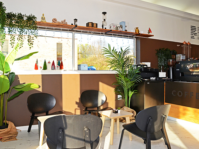 Modern minimalism meets cozy comfort in this thoughtfully designed space where plants breathe life and every chair promises good conversation.