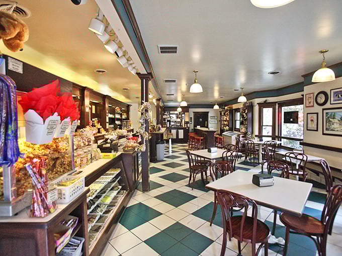 Classic black and white tiles lead you through a time portal where calories don't count and happiness comes in scoops.