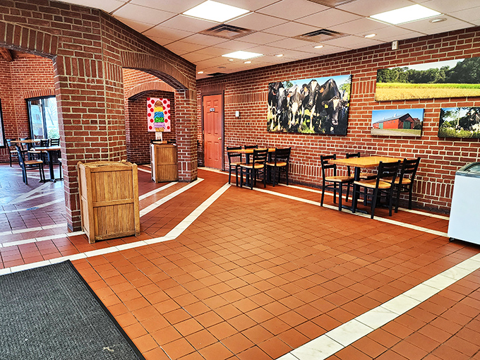 Inside, brick walls and wooden tables create that perfect farmhouse-meets-ice-cream-parlor vibe, with photos of the dairy's own cows watching over your indulgence.