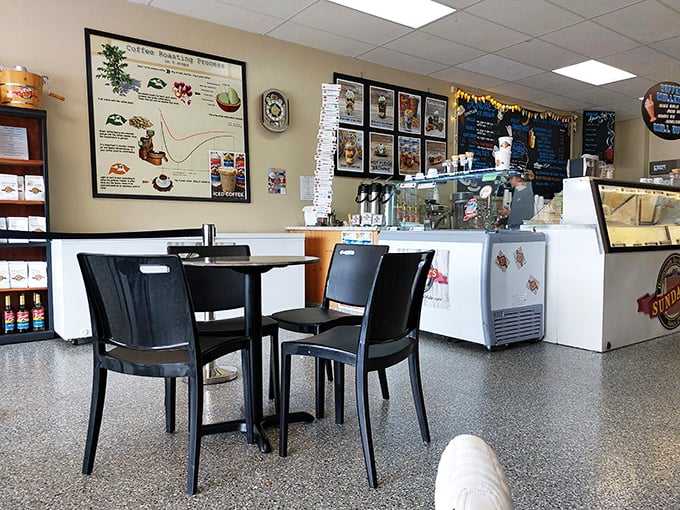 Simple tables, clean lines, and a coffee roasting chart that promises this place takes both its beans and cream seriously. No fussy decor needed when the focus is flavor.