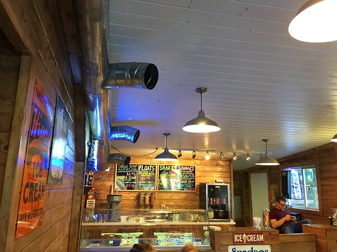 Rustic wood paneling and vintage lighting create the perfect backdrop for ice cream alchemy. This isn't just decoration&mdash;it's time travel.