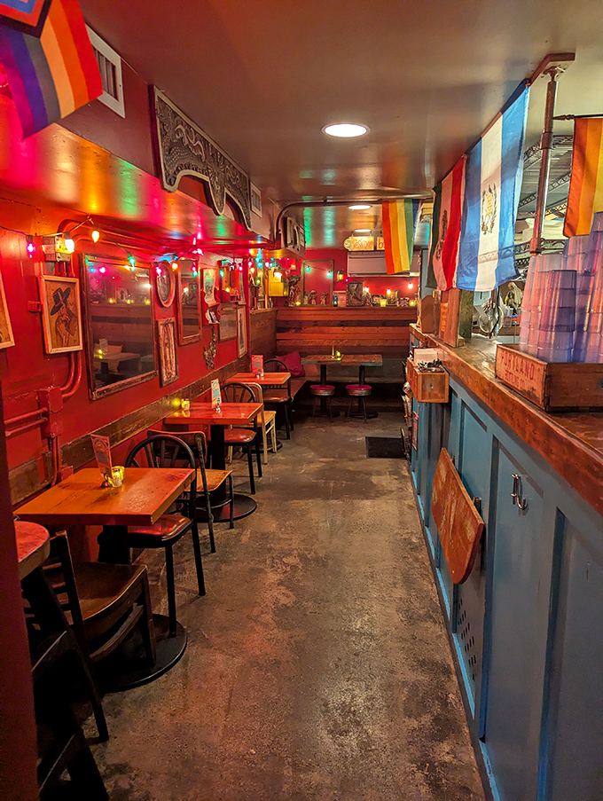 Step inside and the fiesta continues with walls painted in colors that would make Frida Kahlo nod in approval. String lights and flags create instant vacation vibes.