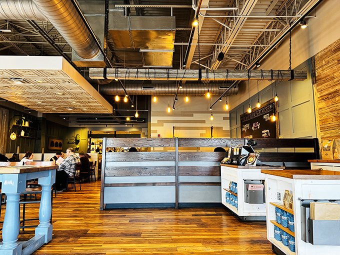 Inside, warm wood tones and industrial-chic lighting create the perfect backdrop for morning masterpieces that arrive with impressive regularity.