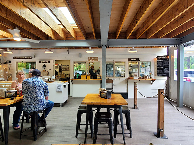 The warm wooden beams and clean lines create a space that feels both timeless and Instagram-ready. Comfort meets style.