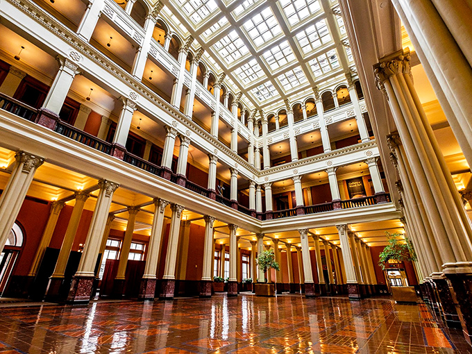Look up and gasp! The five-story atrium with its glass skylight transforms ordinary Minnesota sunlight into something magical.