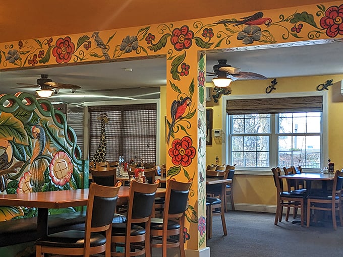 Vibrant folk art transforms ordinary walls into a visual feast, proving that at Viva Mexico, even the décor knows how to spice things up.