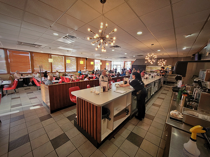 Where diner dreams come true! Lucky's interior balances nostalgic charm with modern comfort, while those starburst lights add a touch of mid-century magic.