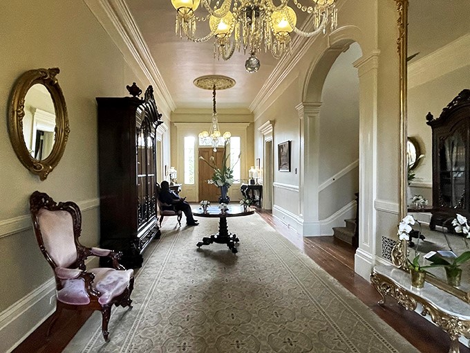Step inside and the transformation is complete&mdash;crystal chandeliers and elegant furnishings transport you from Mississippi to a European manor house.