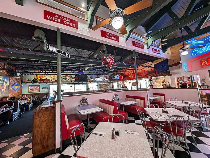The checkerboard floors and cherry-red booths aren't trying to be retro&mdash;they're the real deal. This is America's highways distilled into dining room form.