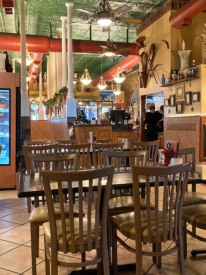 Step inside to find that perfect blend of Mediterranean charm and Midwest comfort. Those red pipes and green ceiling? Somehow they work beautifully together.
