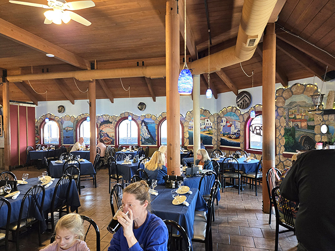 Step inside and you're transported to the Aegean &ndash; wooden beams, blue tablecloths, and murals that make you forget you're 6,000 feet above sea level.