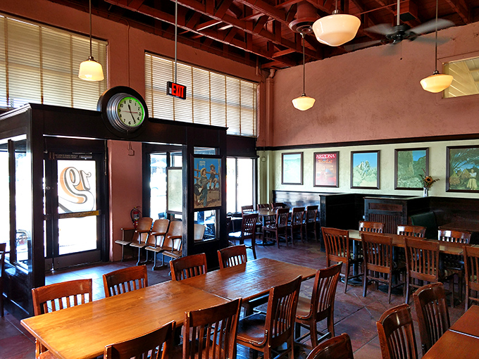 High ceilings, wooden rafters, and simple furnishings create that perfect "focus-on-the-food" atmosphere. No distractions from the main event here!