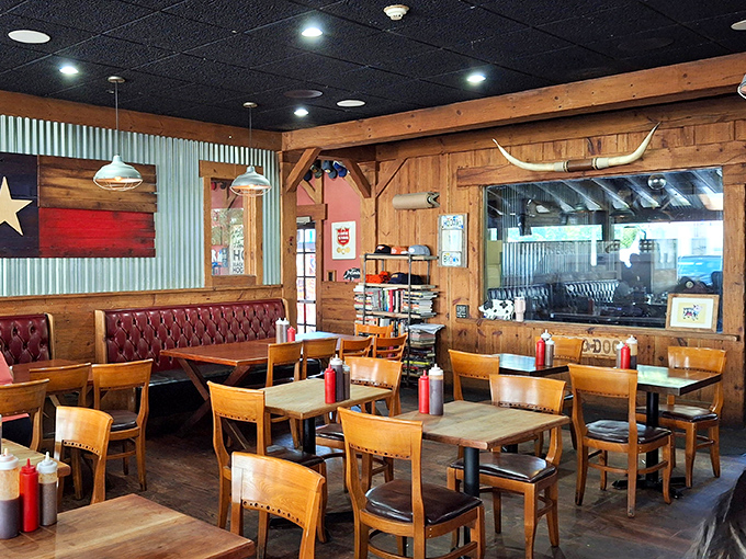 Texas pride meets Connecticut charm in this wood-paneled sanctuary. The longhorn on the wall isn't just decoration&mdash;it's keeping score of your meat consumption.
