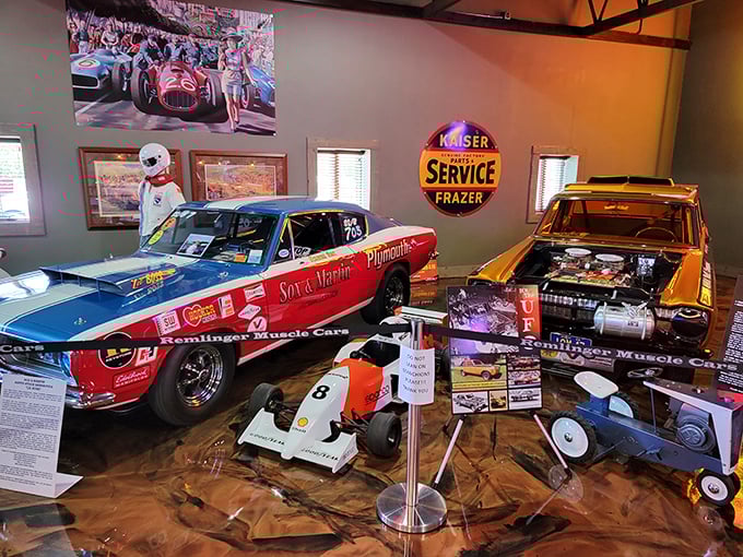 Racing dreams come alive with this red and blue Plymouth drag racer. The orange beast beside it isn't just a car&mdash;it's a four-wheeled adrenaline delivery system.