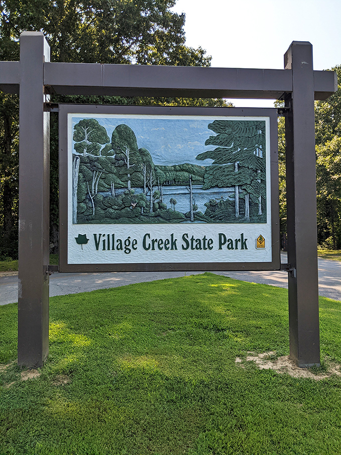 Not all who wander are lost, but this artfully crafted park entrance sign ensures you've found exactly where you need to be.