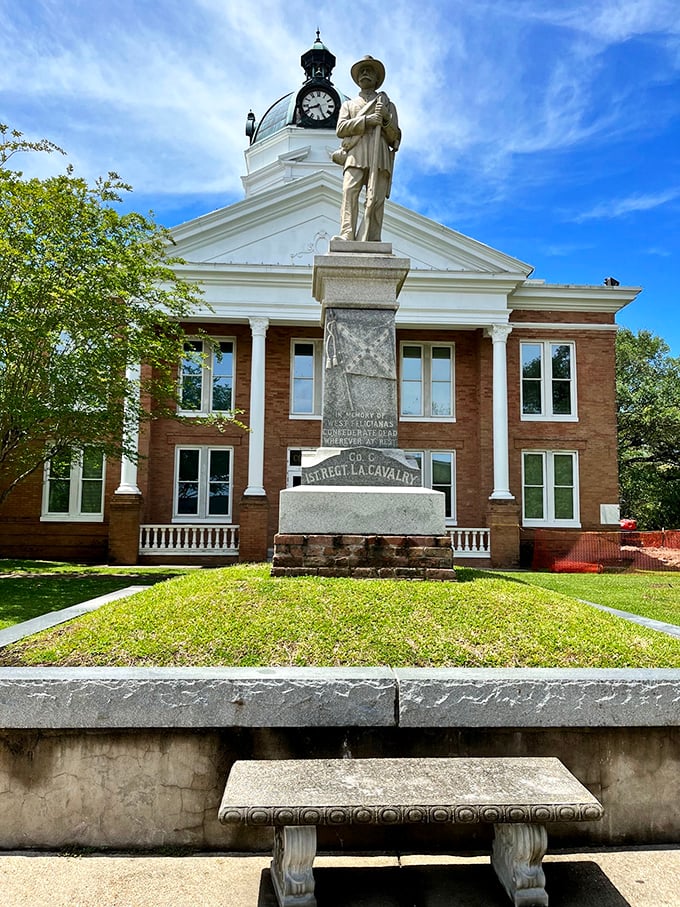 History stands tall outside the West Feliciana courthouse. This stoic sentinel has witnessed more small-town drama than all seasons of Mayberry R.F.D. combined.