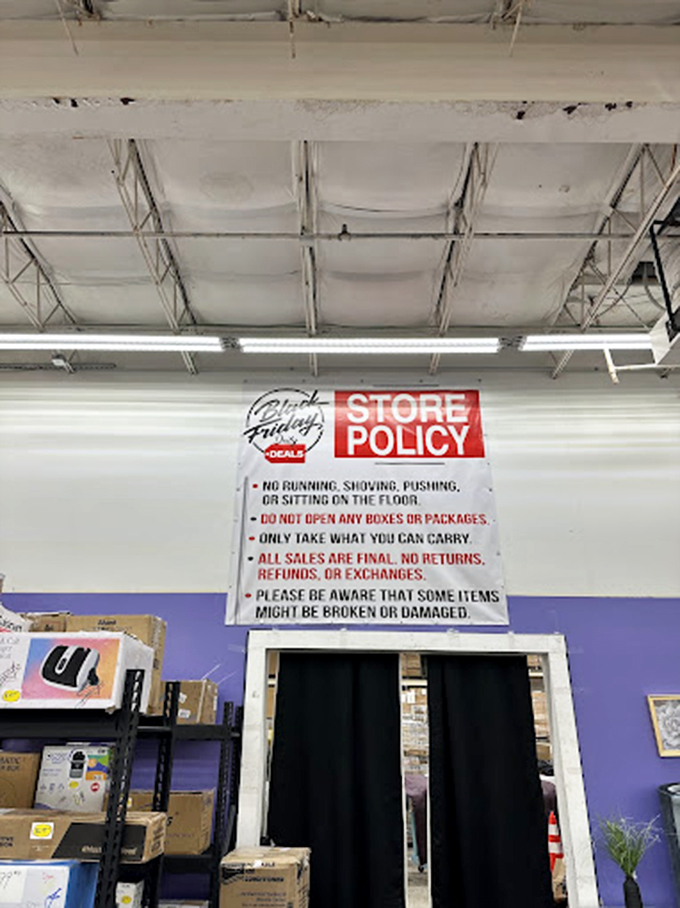 The rules of engagement are clearly posted: no running, no shoving, and definitely no sitting on the floor. Treasure hunting requires proper etiquette!