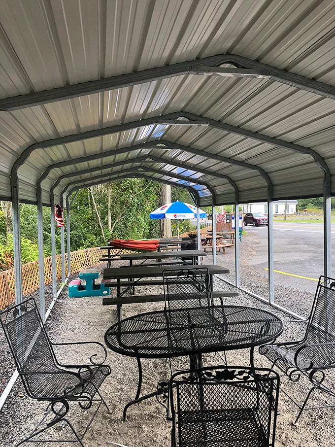 The covered pavilion isn't winning architectural awards, but those metal tables have heard more West Virginia stories than most bartenders.
