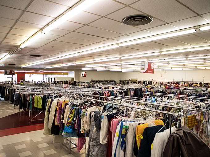 Adelante Thrift's bold red signage stands out like a beacon for bargain hunters. Inside awaits a fiesta of secondhand finds!