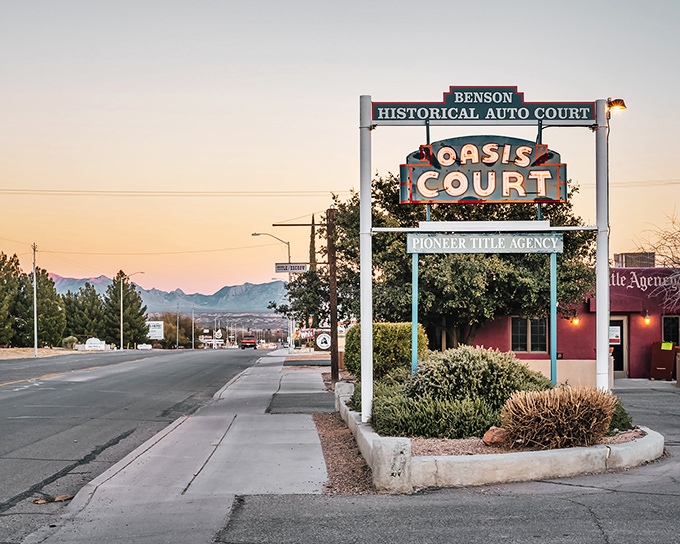 Benson's vintage Oasis Court sign stands as a colorful reminder of simpler times when roadside motels and affordable living went hand-in-hand.