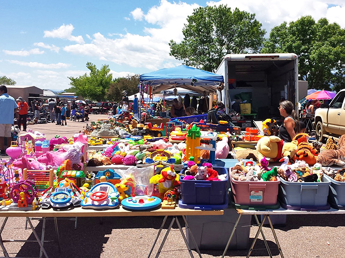 Toy heaven! One person's outgrown plastic dinosaur is another's perfect desk companion. The circle of flea market life.