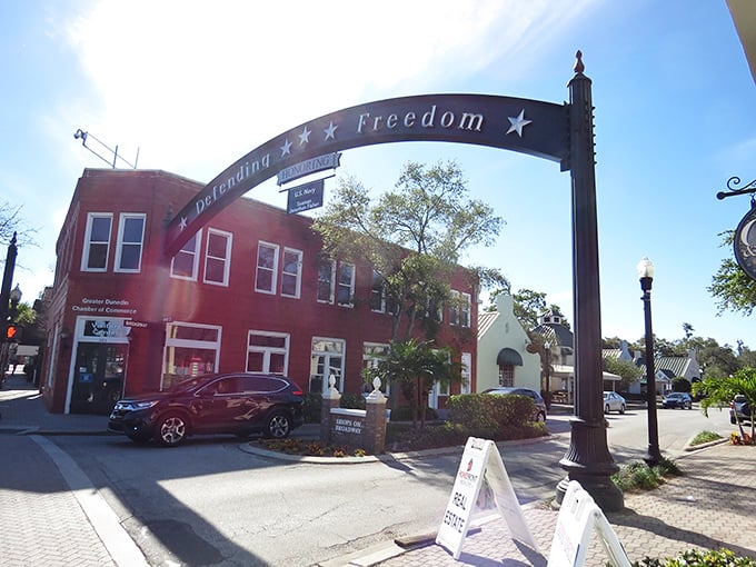 Dunedin's "Defending Freedom" arch welcomes you to a Main Street that feels like it was plucked straight from a Norman Rockwell painting.