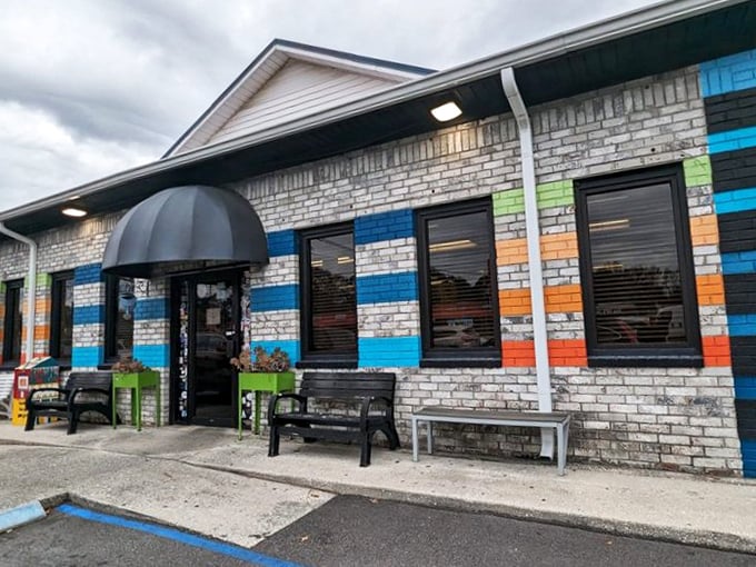 Early Bird Diner's colorful exterior is like a Jackson Pollock painting you can eat in—artistic flair meets comfort food heaven.