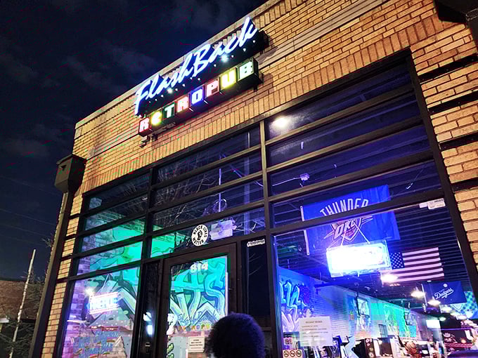 Neon dreams and joystick memories! FlashBack RetroPub glows with the promise of arcade glory and adult beverages.