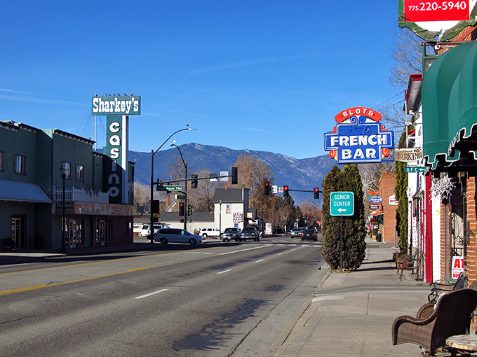 Gardnerville's charming main drag features Sharkey's Casino and the French Bar, where entertainment doesn't have to break the bank.