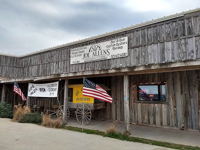 American flags flying proudly outside this weathered wooden treasure &ndash; patriotism and great steaks under one roof.
