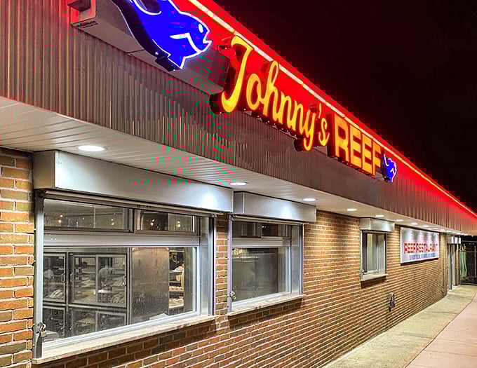 Johnny's neon sign glows like a beacon for hungry souls. At night, it's like the Las Vegas of seafood joints on City Island.