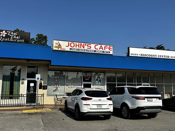 John's Cafe has been "Just Good Food" since 1972, proving that sometimes the best things come in humble, blue-trimmed packages.
