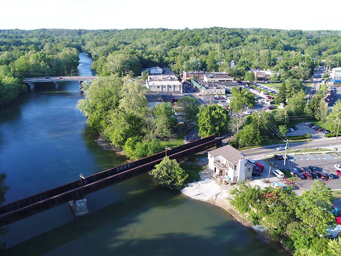 Loveland's riverside charm captured from above. The gentle curve of the river mirrors the unhurried pace of small-town life.