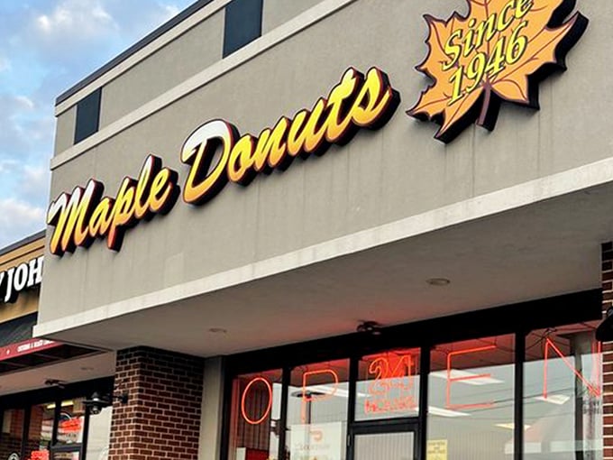  Maple Donuts announces itself with a giant donut sign that would make Homer Simpson weep with joy.
