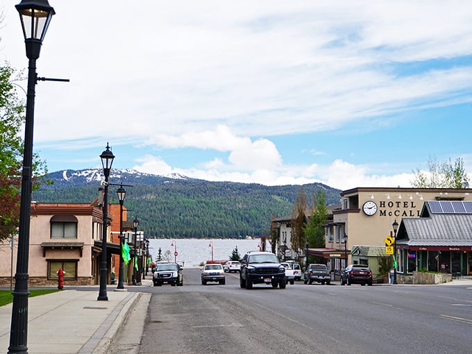 McCall's charming lakeside main street offers mountain views that make even routine shopping feel like vacation.