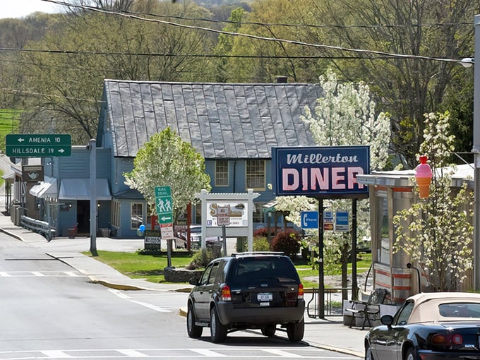 Millerton's classic diner sign promises comfort food and conversation. The unofficial town hall with better coffee!