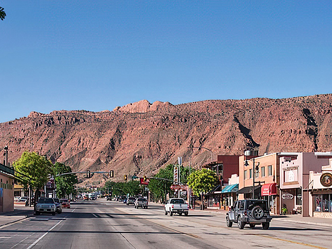 Moab's main street sits dwarfed by towering red cliffs &ndash; nature's skyscrapers that don't inflate the cost of living.