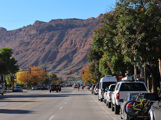Moab's downtown sits beneath red rock formations that look like nature's version of modern art sculptures.