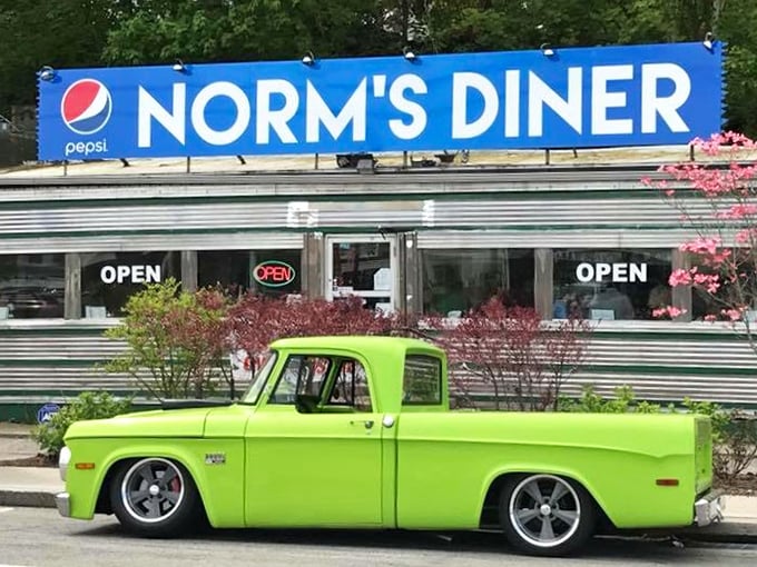 Norm's Diner with green truck: "Classic chrome meets lime-green vintage truck&mdash;a time-travel tableau that promises the kind of breakfast your grandparents raved about."