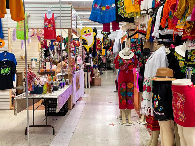 A kaleidoscope of color greets shoppers at Oregon Flea Market. These vibrant Mexican dresses could brighten even Portland's rainiest day!