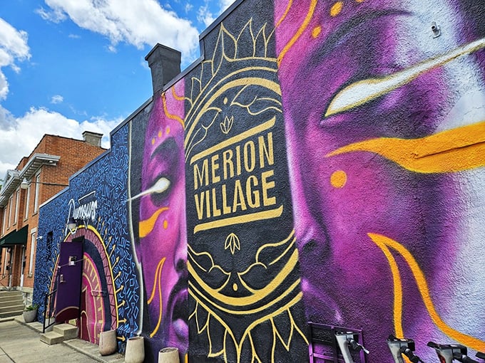 Merion Village's purple-faced mural makes this Columbus hotspot impossible to miss. Street art and street food in perfect harmony!