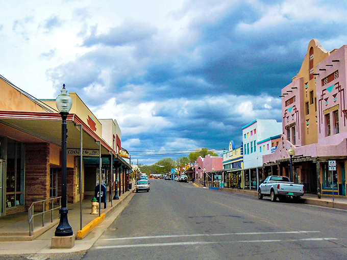 Silver City's colorful downtown buildings pop against the blue sky, creating a painter's palette of southwestern charm.