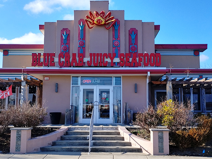 Snow Crab's colorful facade promises a party atmosphere where bibs are fashion statements.