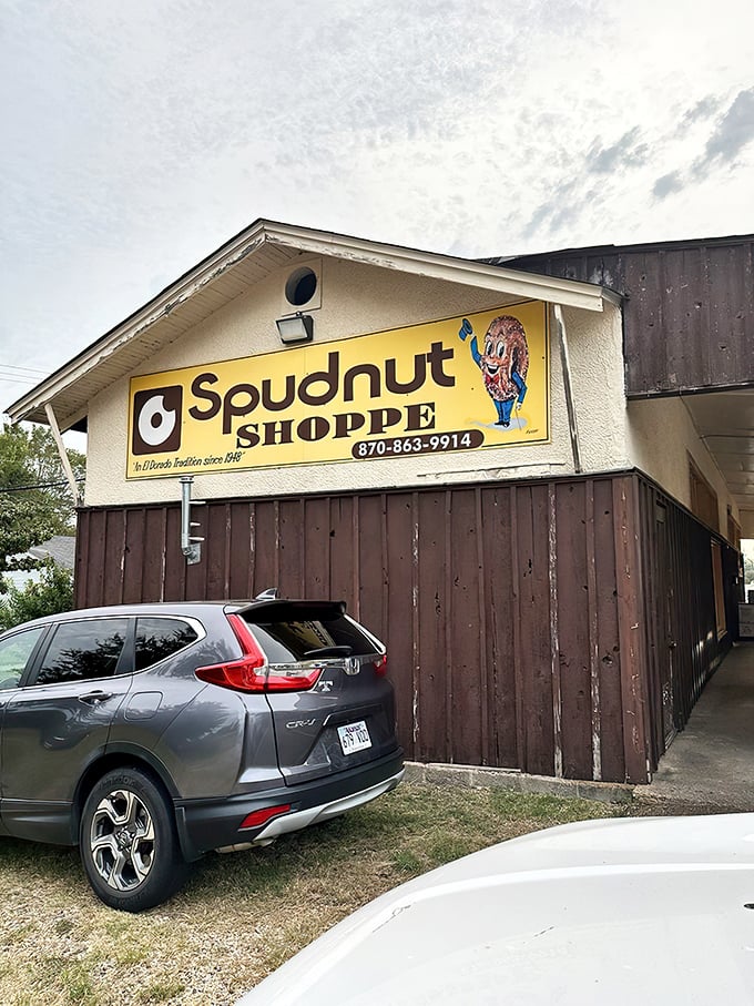 Spudnut Shoppe's vintage yellow sign stands proud &ndash; a beacon of potato-flour perfection that's been drawing donut pilgrims for generations.