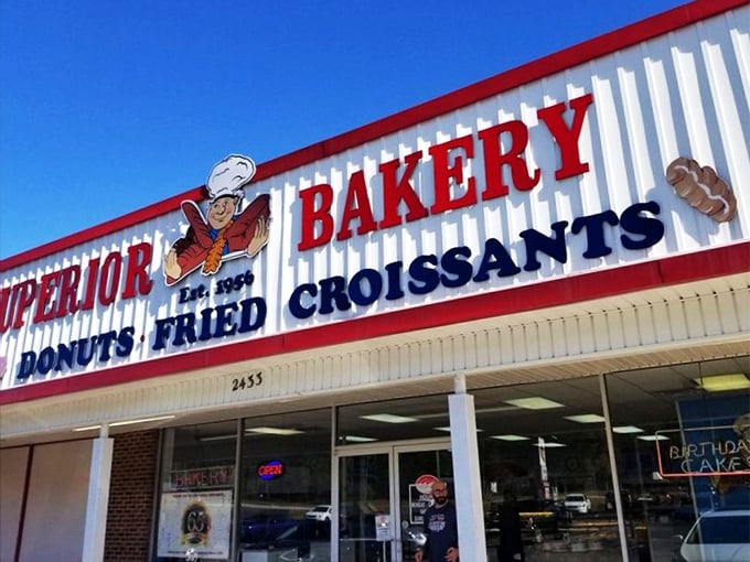 Superior Bakery's no-nonsense sign tells you exactly what you're getting &ndash; donuts that have stood the test of time.